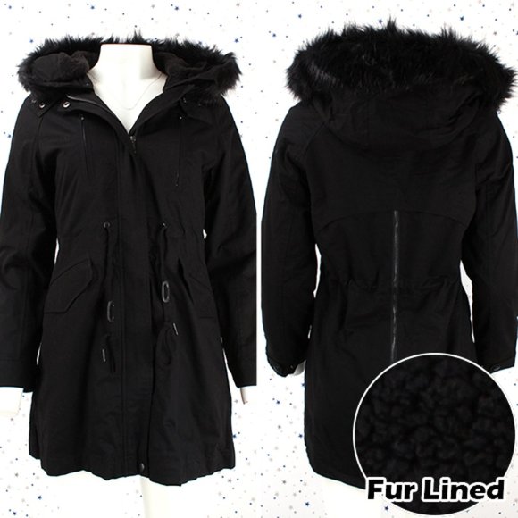 Love Tree | Jackets & Coats | Black Fur Lined Long Utility Jacket ...